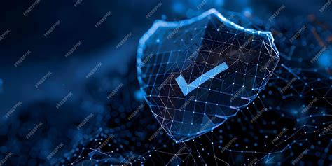 Premium Photo Ensuring Cybersecurity With A Dark Blue Wireframe Shield And Checkmark Symbol