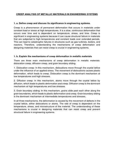 Asignment 3 Creep Analysis Of Metallic Materials In Engineering Systems Pdf Creep