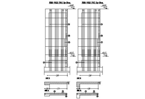 Elevations And Sections Of 20cm Thick Wall With Reinforcement Details In Autocad 2d Drawing Cad