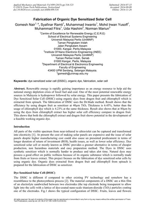 Pdf Fabrication Of Organic Dye Sensitized Solar Cell