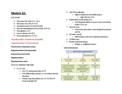 Module 22 Notes Module 22 Lab Values Thyroxine T4 Total 5 11 Thyroxine Free T4 0 2