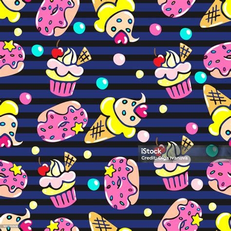 도넛 아이스크림와 어두운 배경에 과자 벡터 완벽 한 패턴입니다 고풍스런에 대한 스톡 벡터 아트 및 기타 이미지 고풍스런 냉동식품 달콤한 음식 Istock