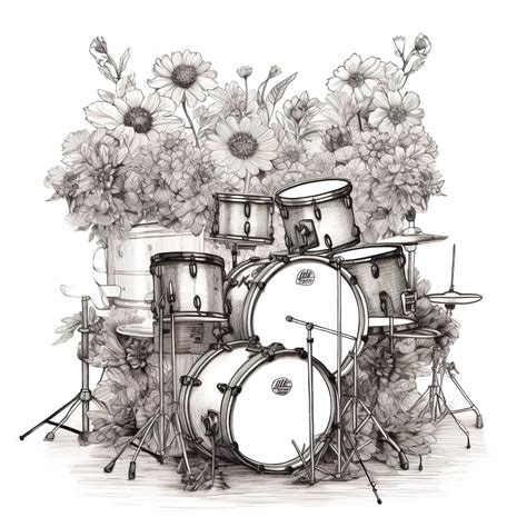 Premium Photo A Drawing Of A Drum Set With A Bunch Of Flowers Behind It