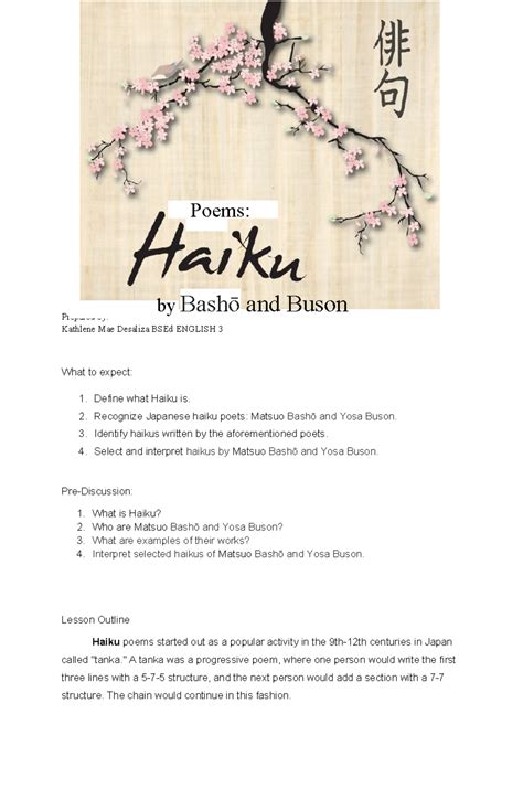 Haikus Of Basho And Buson Prepared By Kathlene Mae Desaliza Bsed English 3 What To Expect 1