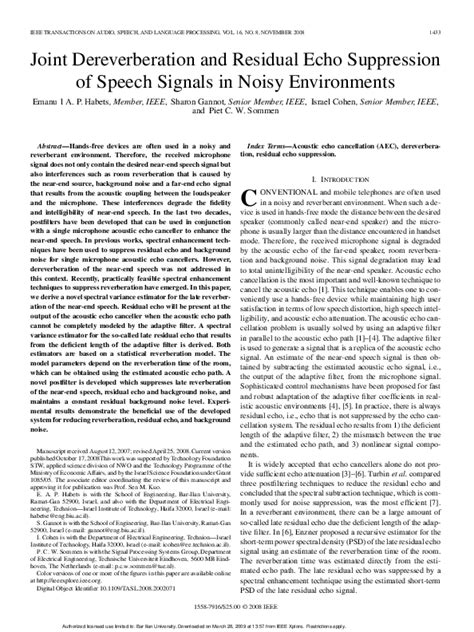 Pdf Joint Dereverberation And Residual Echo Suppression Of Speech