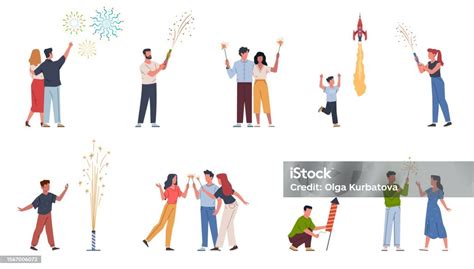 불꽃놀이를 하는 사람들 휴일 폭발 크래커를 가진 부모와 아이들 아름다운 폭죽과 경례 불빛을 보는 남자와 여자 만화 평면 고립 Nowaday 벡터 세트 사람들에 대한 스톡