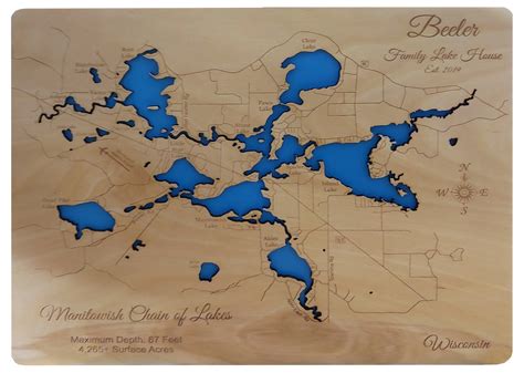 The Manitowish Chain Of Lakes Wisconsin Laser Cut Wood Map Personal