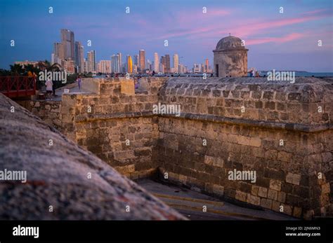 View Of Bocagrande Beach Buildings At Sunset From Atop The Walls Of The
