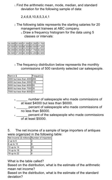 Solved Find The Arithmetic Mean Mode Median And Standard Chegg