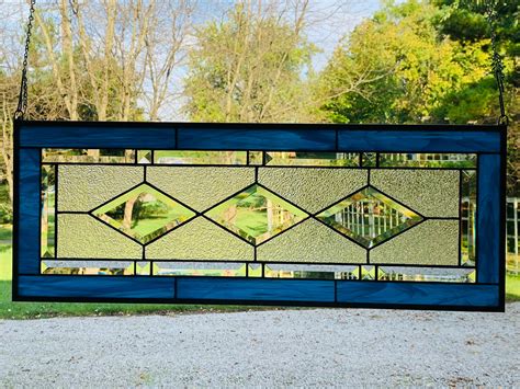 Honeydewglass Dark Aqua Stained Glass Panel With Three Diamonds 115 X