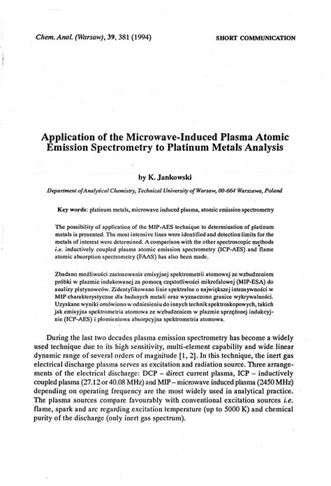 Pdf Application Of The Microwave Induced Plasma Atomic Emission Spectrometry To Platinum Metal