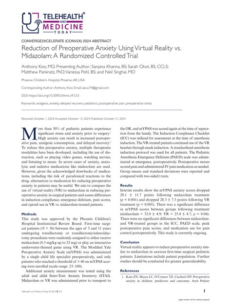Pdf Reduction Of Preoperative Anxiety Using Virtual Reality Vs Midazolam A Randomized
