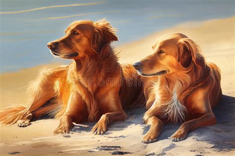 Two Dogs Relaxing On The Beach Their Wet Fur Shining In The Sun Stock