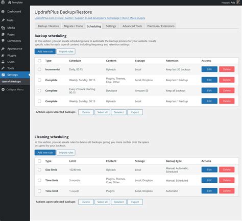 backup and cleaning scheduling rules updraftplus