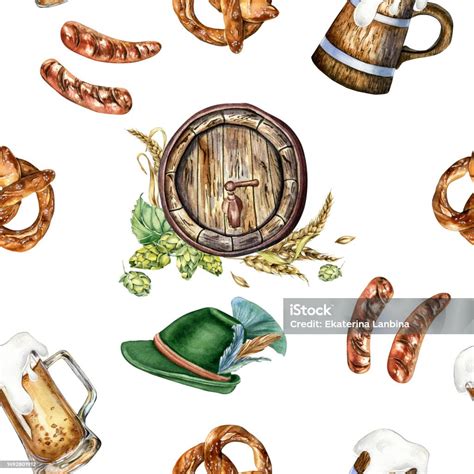 나무 맥주통과 머그잔 독일 모자 수채화 이음매 없는 패턴이 흰색으로 분리되어 있습니다 홉 밀 귀 프레첼 손으로 그린 소시지 양조 포장 라벨 포장 종이 배경을 위한 디자인