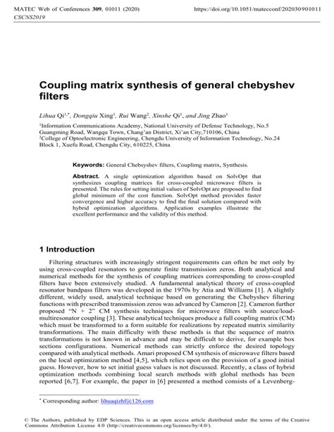Chebyshev Filter Coupling Matrix Synthesis