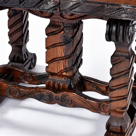 Vintage Witco Rustic Tiki Carved Western Red Cedar Wood Trestle Table