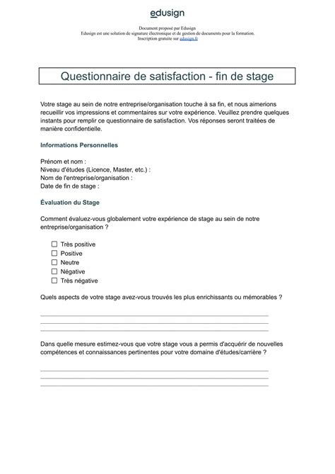 Modèle De Questionnaire De Satisfaction Encadrement De Stage Edusign