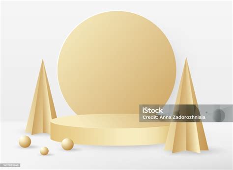 현실적인 원통형 연단이 있는 추상 3d 룸 제품 전시 및 겨울 판매를위한 최소한의 장면 황금빛 크리스마스 트리 눈송이 및 구체가 있는 벡터 기하학적 플랫폼 3차원 형태에