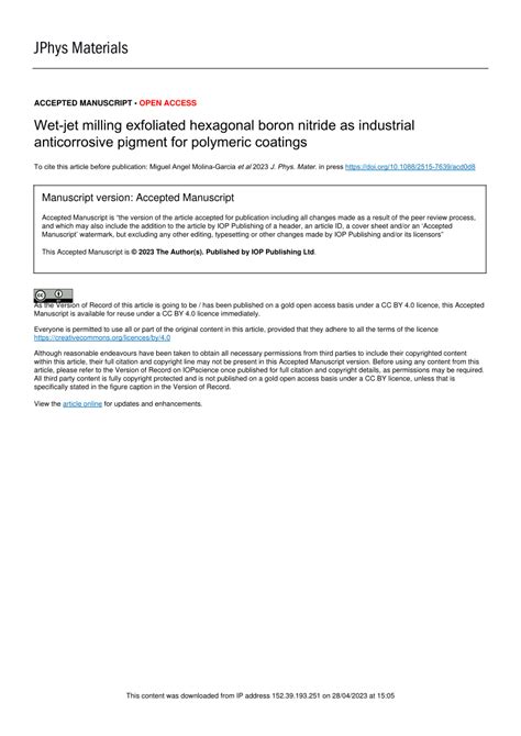Pdf Wet Jet Milling Exfoliated Hexagonal Boron Nitride As Industrial