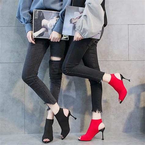 니트 탄성 메쉬 관음증 발가락 하이힐 샌들 여성 여름 신발 여성 유럽 얇은 발 뒤꿈치 슬립온 오픈 토 여성 신발 2023 Aliexpress