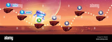 Galaxy Space Game Level Map On Mars Planet Vector Background Flying Platform On Martian Desert