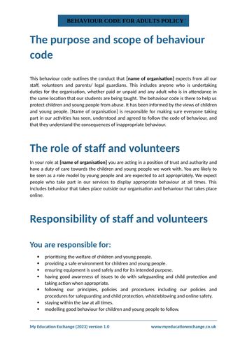Policy Behaviour Code For Adults Teaching Resources