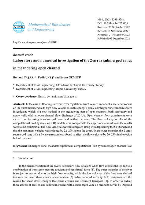 Pdf Laboratory And Numerical Investigation Of The 2 Array Submerged Vanes In Meandering Open