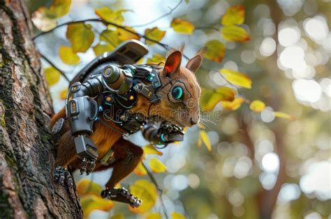A Robot Squirrel Is Perched On A Tree Branch With Generative AI Stock Image Image Of