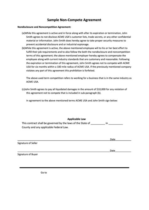 Sample Non Compete Agreement Template Printable Pdf Download