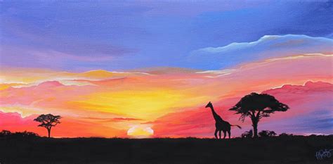 African Sunset Landscape Painting Vibrant Masai By Sunset