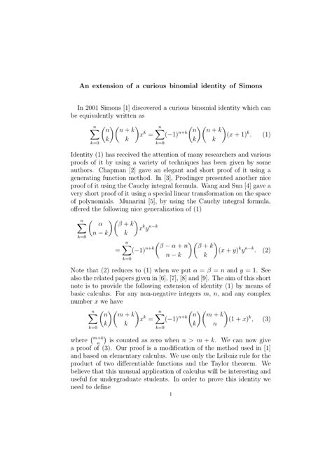 Pdf An Extension Of A Curious Binomial Identity Of Simons