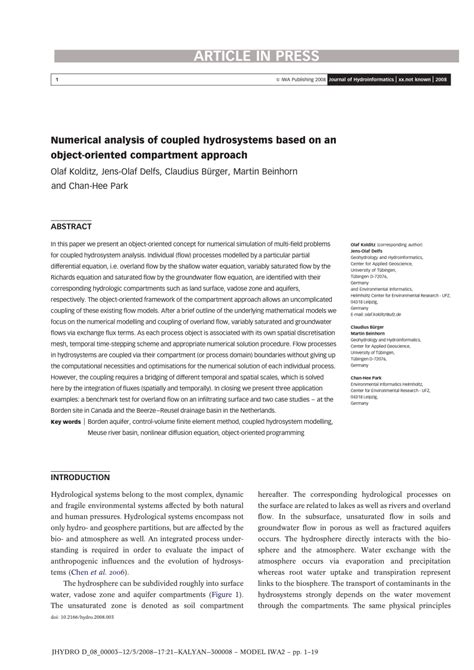 Pdf Numerical Analysis Of Coupled Hydrosystems Based On An Object Oriented Compartment Approach