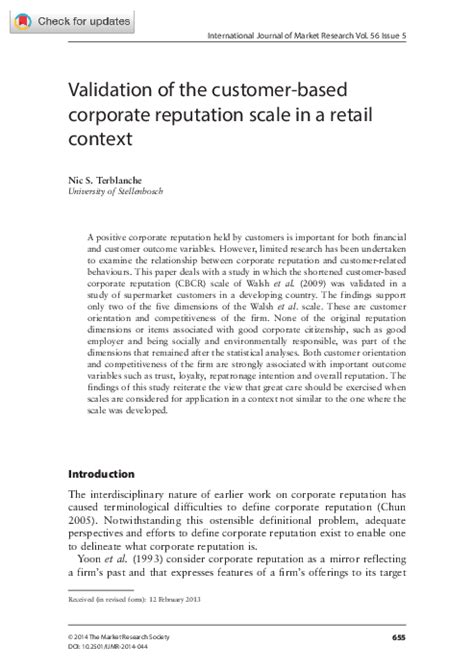 Pdf Validation Of The Customer Based Corporate Reputation Scale In A Retail Context