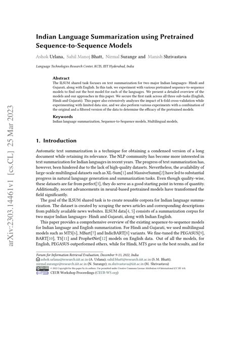 Pdf Indian Language Summarization Using Pretrained Sequence To