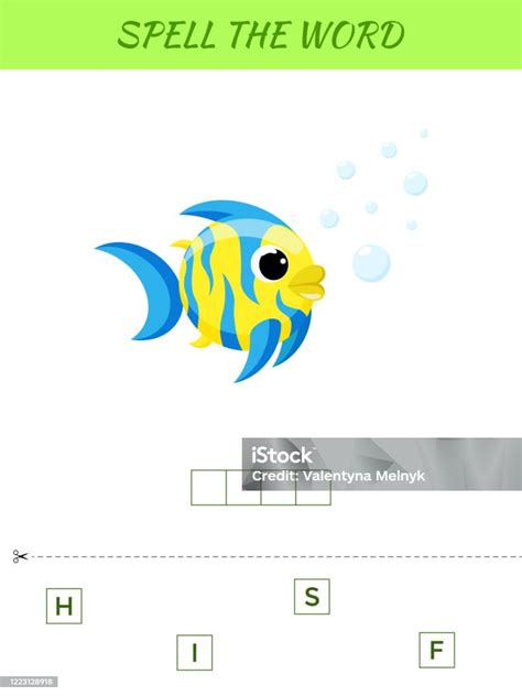 맞춤법 단어 스크램블 게임 템플릿입니다 귀여운 물고기와 유치원 년 아이들과 유아를위한 교육 활동 플랫 벡터 스톡