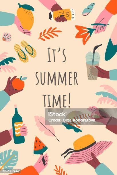여름 물건을 들고 있는 손이 있는 여름 포스터입니다 모자 사과 서핑 보드 아이스크림 망고와 배경 가리기에 대한 스톡 벡터 아트 및 기타 이미지 Istock
