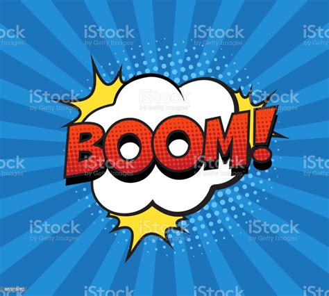 블루 줄무늬 패턴에 다채로운 하프톤 그림자와 함께 레트로 만화 연설 거품이 있다 식 텍스트 붐입니다 개체 그룹에 대한 스톡 벡터