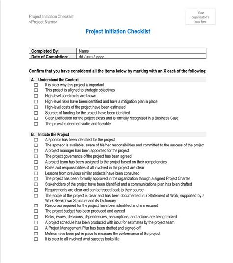 Project Starter Kit Project Initiation Checklist Techno Pm