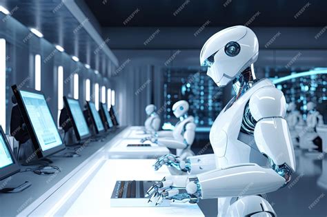 Premium Ai Image Robot Sitting At Desk With Laptop Computer In Front