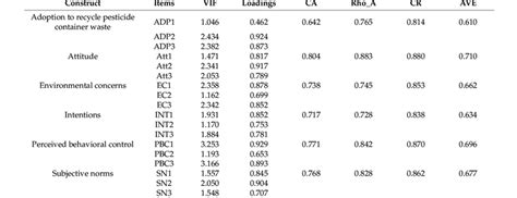 items with vif outer loadings ca rho a cr and ave download