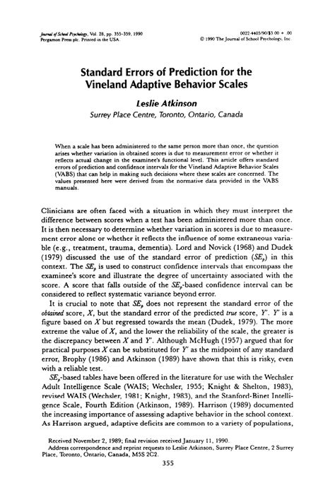 pdf standard errors of prediction for the vineland adaptive behavior