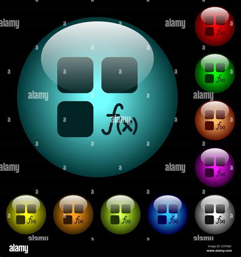 Component Functions Icons In Color Illuminated Spherical Glass Buttons On Black Background Can