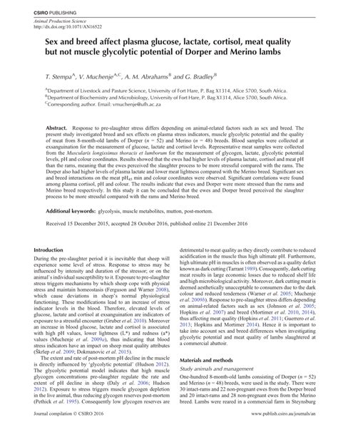 Pdf Sex And Breed Affect Plasma Glucose Lactate Cortisol Meat