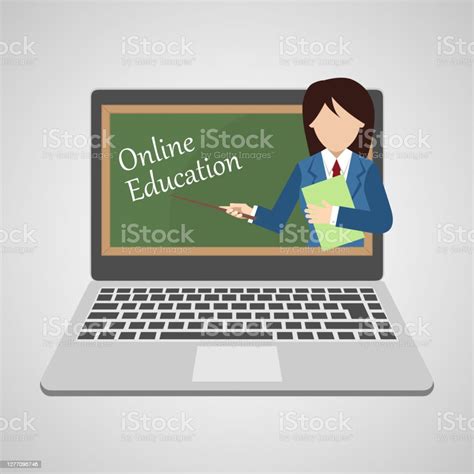 거리 학습 또는 비즈니스 교육 거리 학습 또는 비즈니스 교육 랩톱 모니터의 온라인 교사 벡터 개념을 연구하는 웨비나 또는 비디오 세미나입니다 가공의 인물에 대한 스톡 벡터