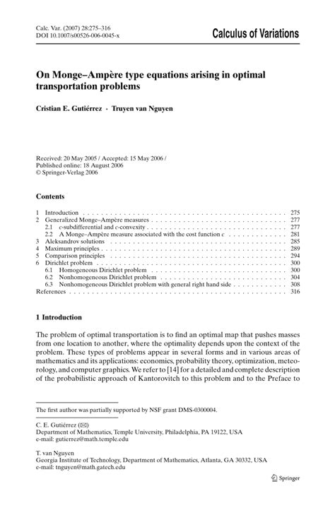 Pdf On Mongeampère Type Equations Arising In Optimal Transportation Problems