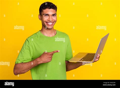 Photo Of Young Attractive Handsome Pretty Cute Smiling Positive Successful Guy Hold Laptop It