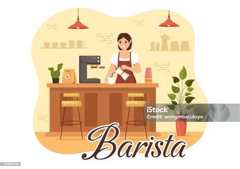 바리스타 그림 평면 만화 손으로 그린 랜딩 페이지 또는 웹 배너 템플릿에서 고객을 위해 커피를 만드는 스탠딩 앞치마를 입고 있다