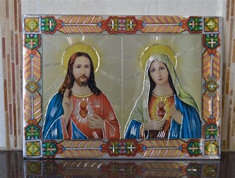 Byzantine Metal Icon Sacred Heart Of Jesus Christ And Immaculate Heart
