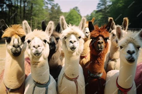 Premium Photo A Lineup Of Llamas With Lighthearted Expressions